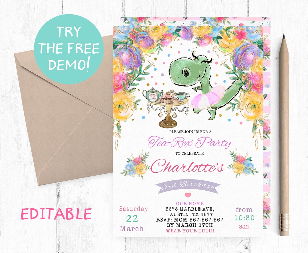 Editable Tea-rex Birthday Invitation, Tutu Dinosaur Party (PDF) - Etsy