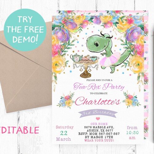 Editable Dinosaur Tea Party Invitationtea Rex Birthday - Etsy