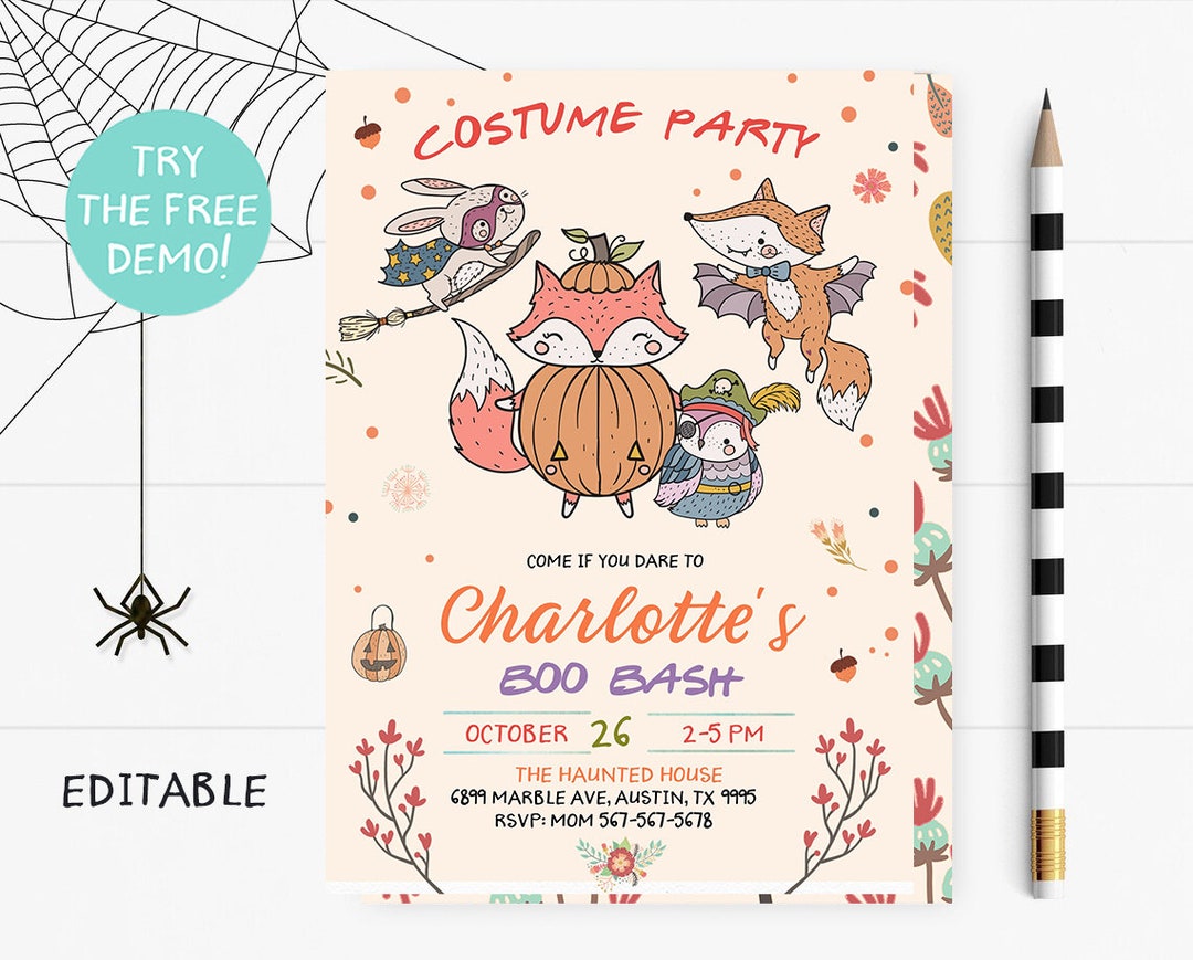 Cute Halloween Animals Invitation, Halloween Costume Party Invitations ...