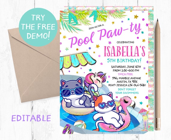 Editable Kitten Pool Party Invitation Cat Pool Party - Etsy