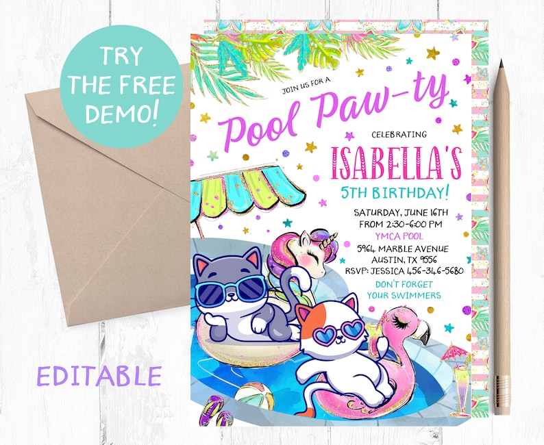 Editable Kitten Pool Party Invitation Cat Pool Party - Etsy