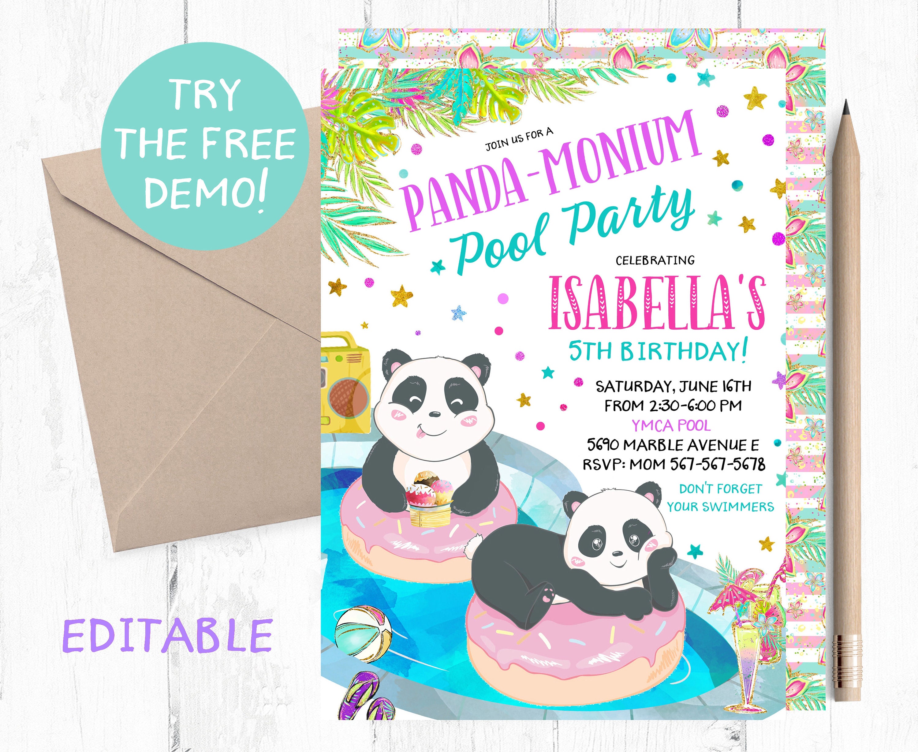 Editable Panda Pool Party Invitation, Instant Template (5x7 Inches ...