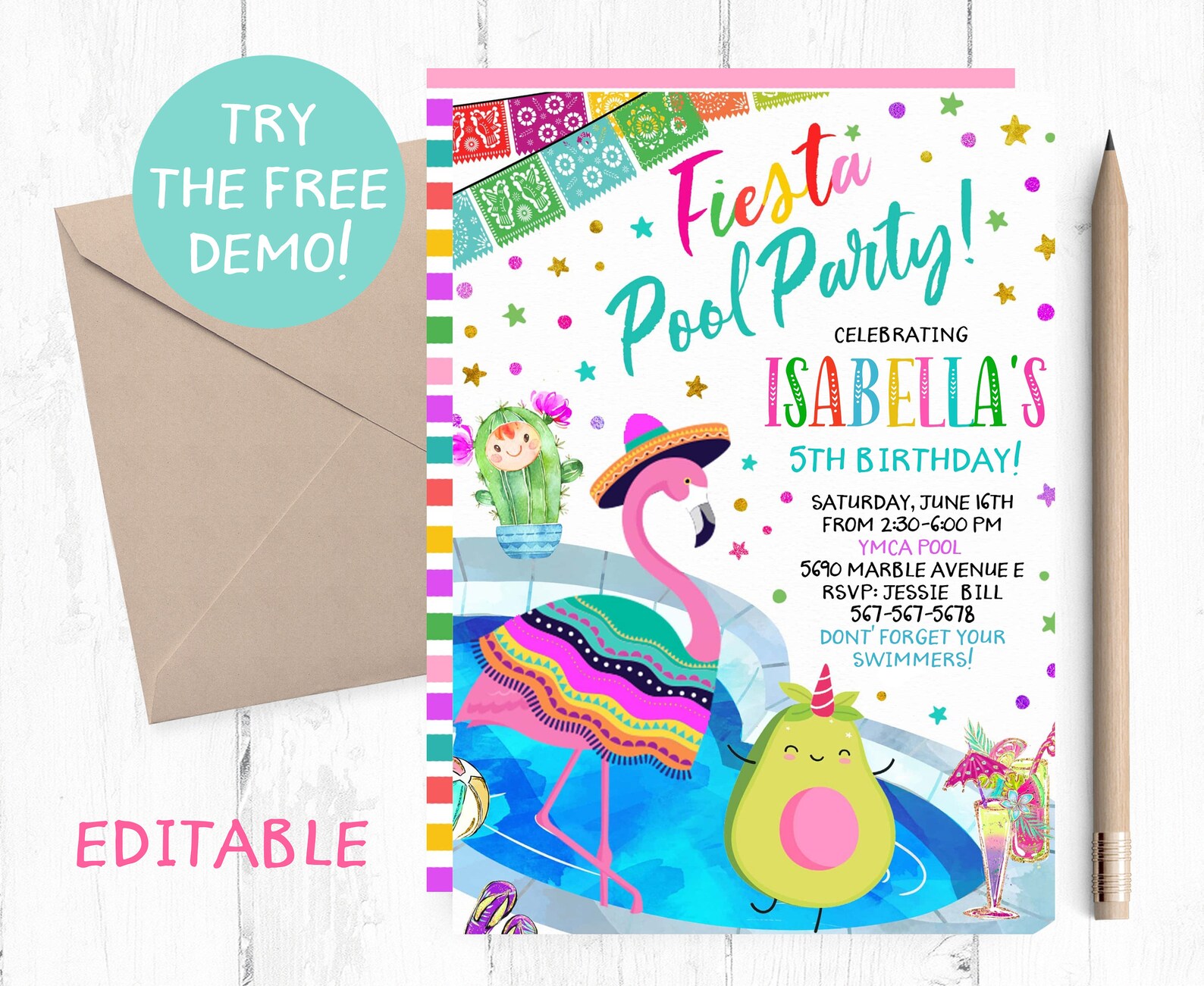 Editable Fiesta Pool Party Template, Flamingo Fiesta Pool Invites ...