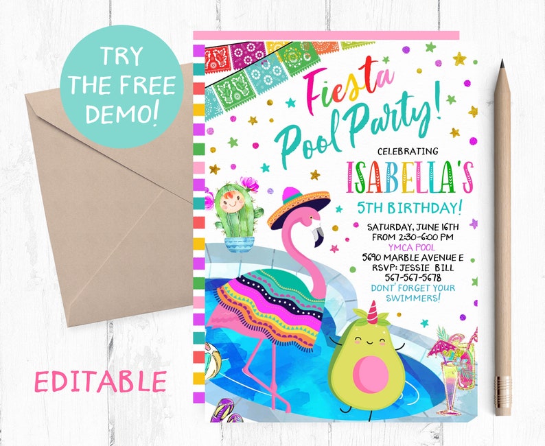 Editable Fiesta Pool Party Template, Flamingo Fiesta Pool Invites ...