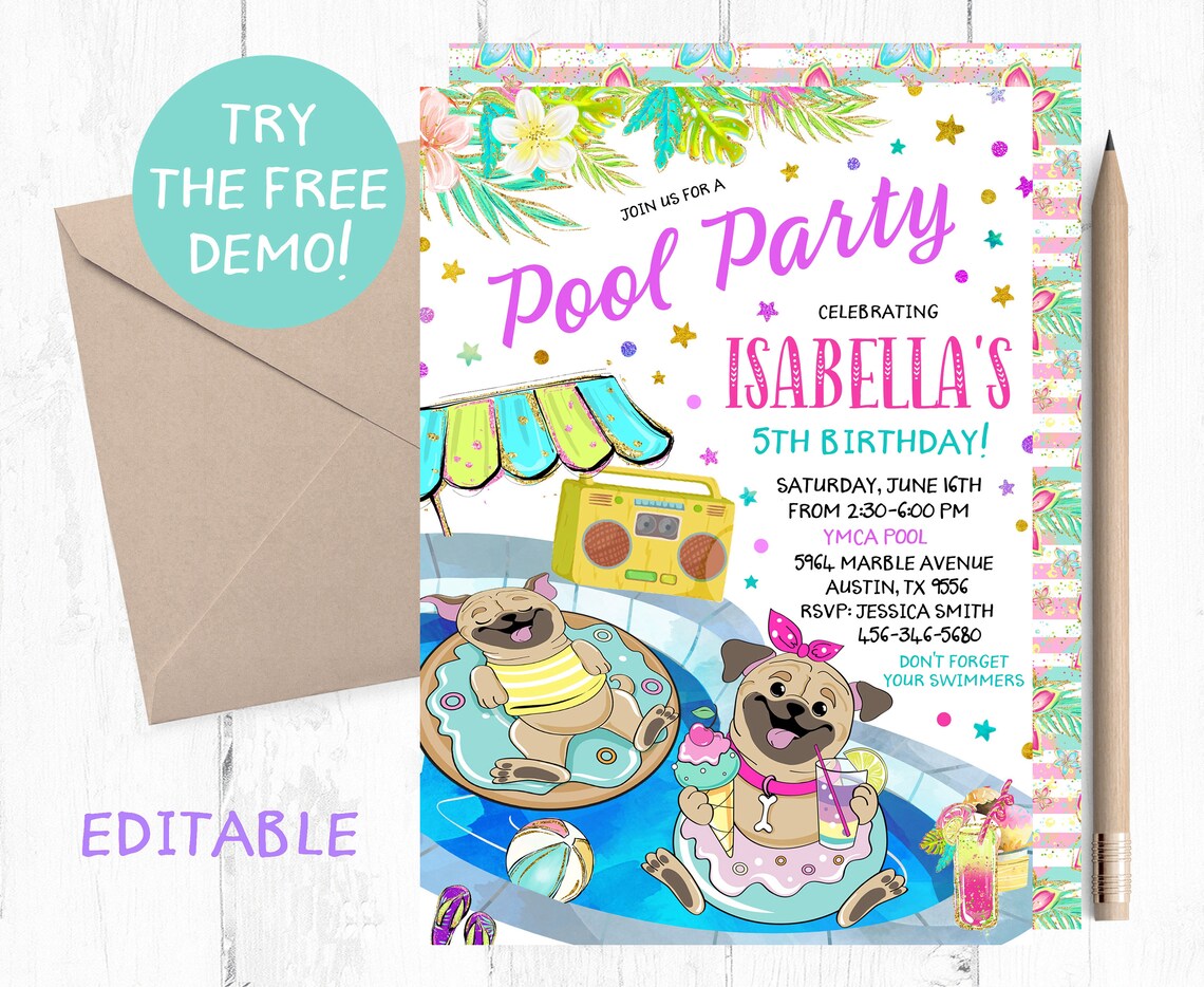 Editable Pug Pool Party Invitation, Pugs Pool Party Template, Pugs Pool ...