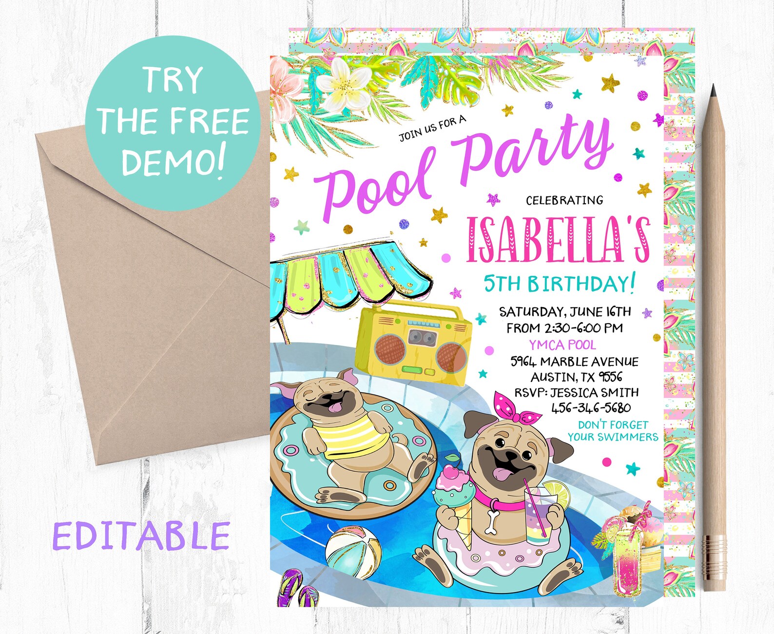 Editable Pug Pool Party Invitation Pugs Pool Party Template - Etsy