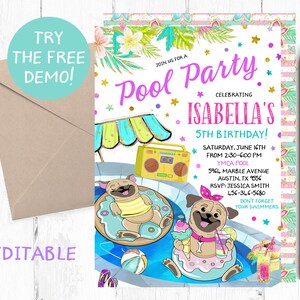 Editable Pug Pool Party Invitation, Pugs Pool Party Template, Pugs Pool Instant Invitation, Pugs ...
