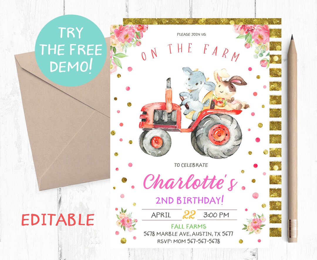 Red Tractor Invitations, Red Tractor Invitation for Girl, Red Tractor ...
