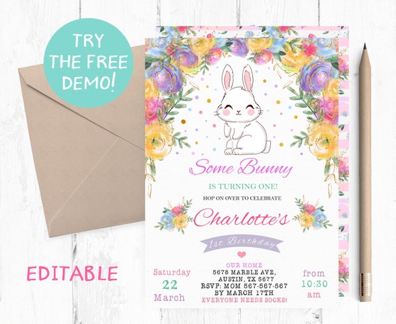 Editable Bunny Invitation Bunny Birthday Party Invitation | Etsy