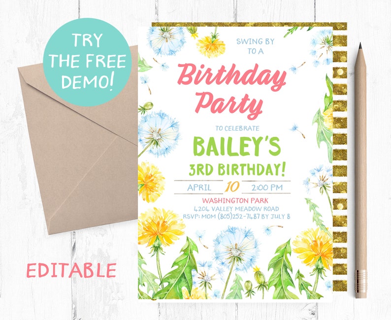 Dandelion Birthday Invitation Dandelion Invitations - Etsy