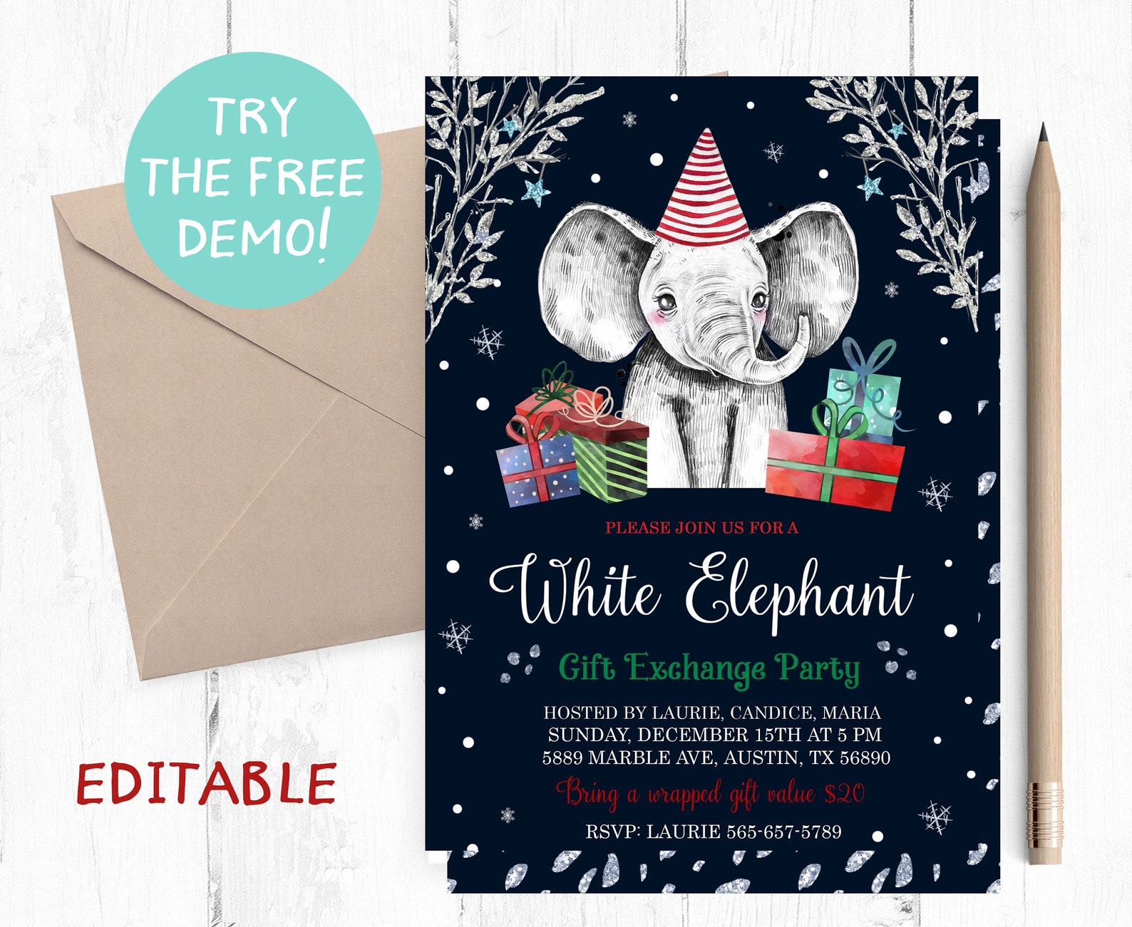 Editable White Elephant Party Invitation, Christmas Gift Exchange Party ...