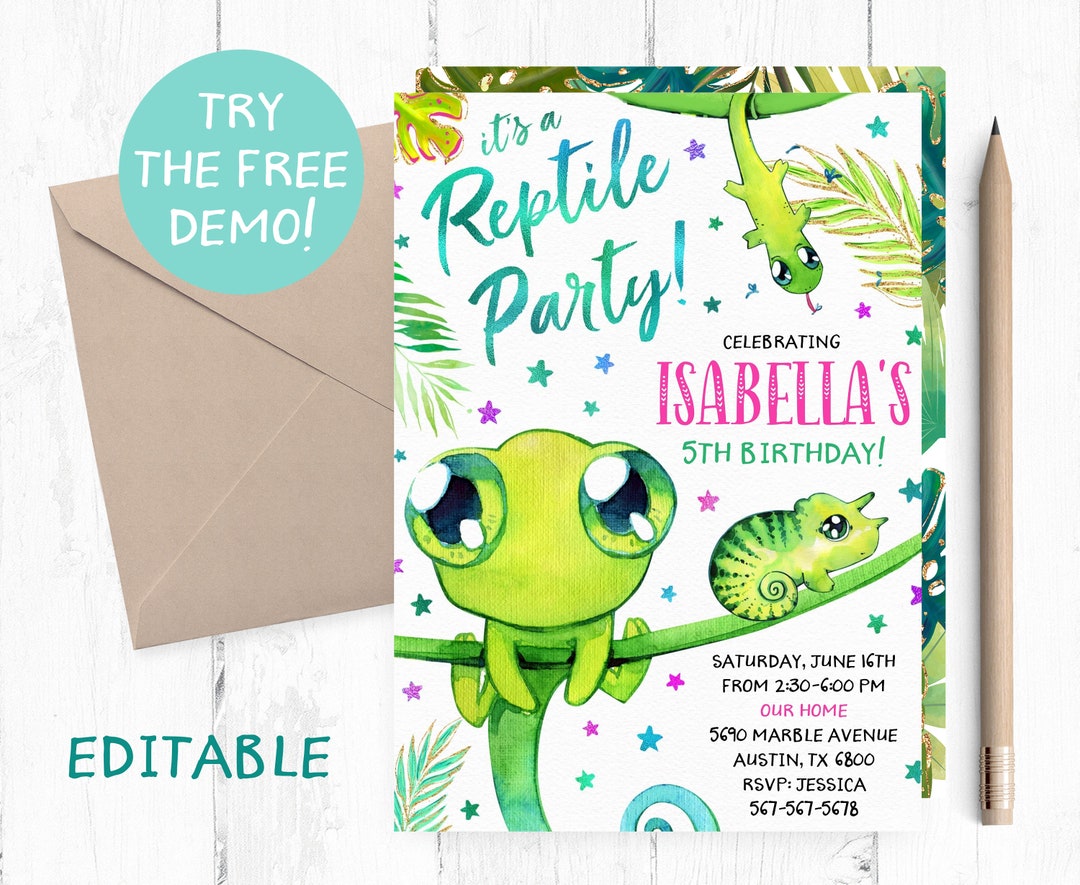 Editable Cute Reptile Invitation, Creature Party Invitation Editable ...