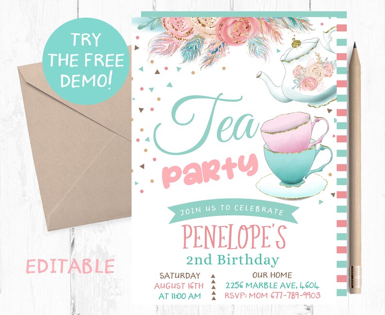 Editable Tea Party Invitation, Tea Birthday Party Template, Tea Party ...