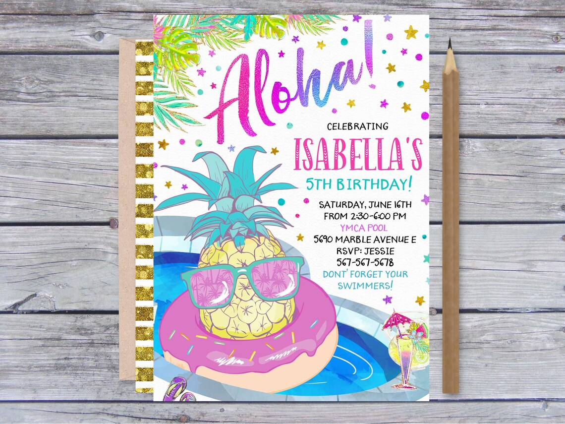 Editable Aloha Pineapple Pool Invitation, Pineapple Pool Party ...