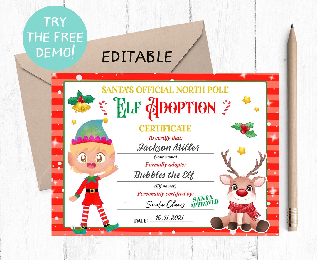 Editable Boy Elf Adoption Certificate, Elf Adoption Certificate Instant ...