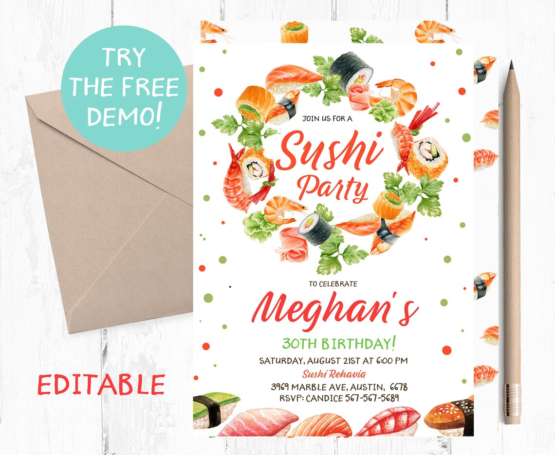 Digital Sushi Invitations, Sushi Invitation Printable, Adult Sushi ...
