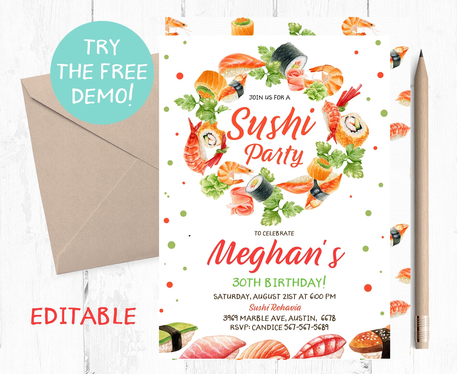 Digital Sushi Invitations, Sushi Invitation Printable, Adult Sushi ...