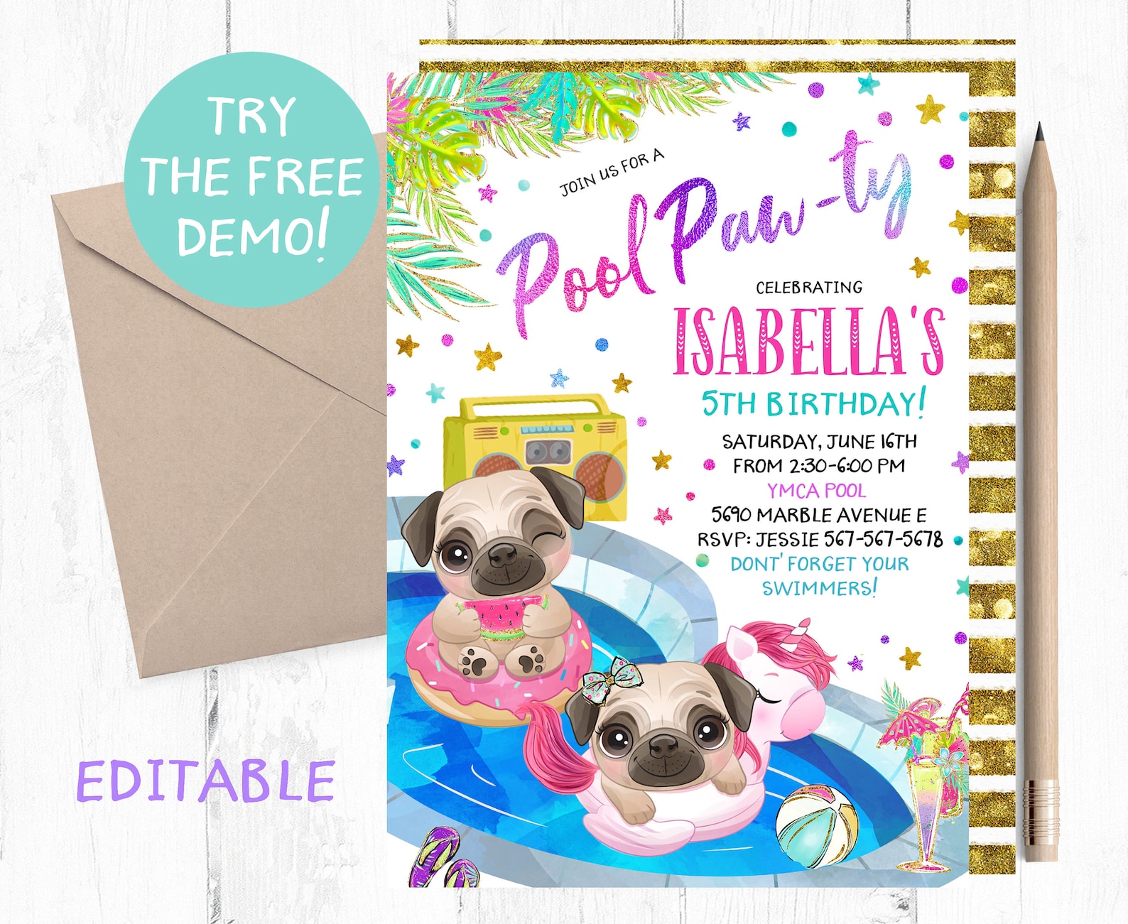 Editable Pug Pool Party Invitation, Pool Pug Birthday Party Template ...