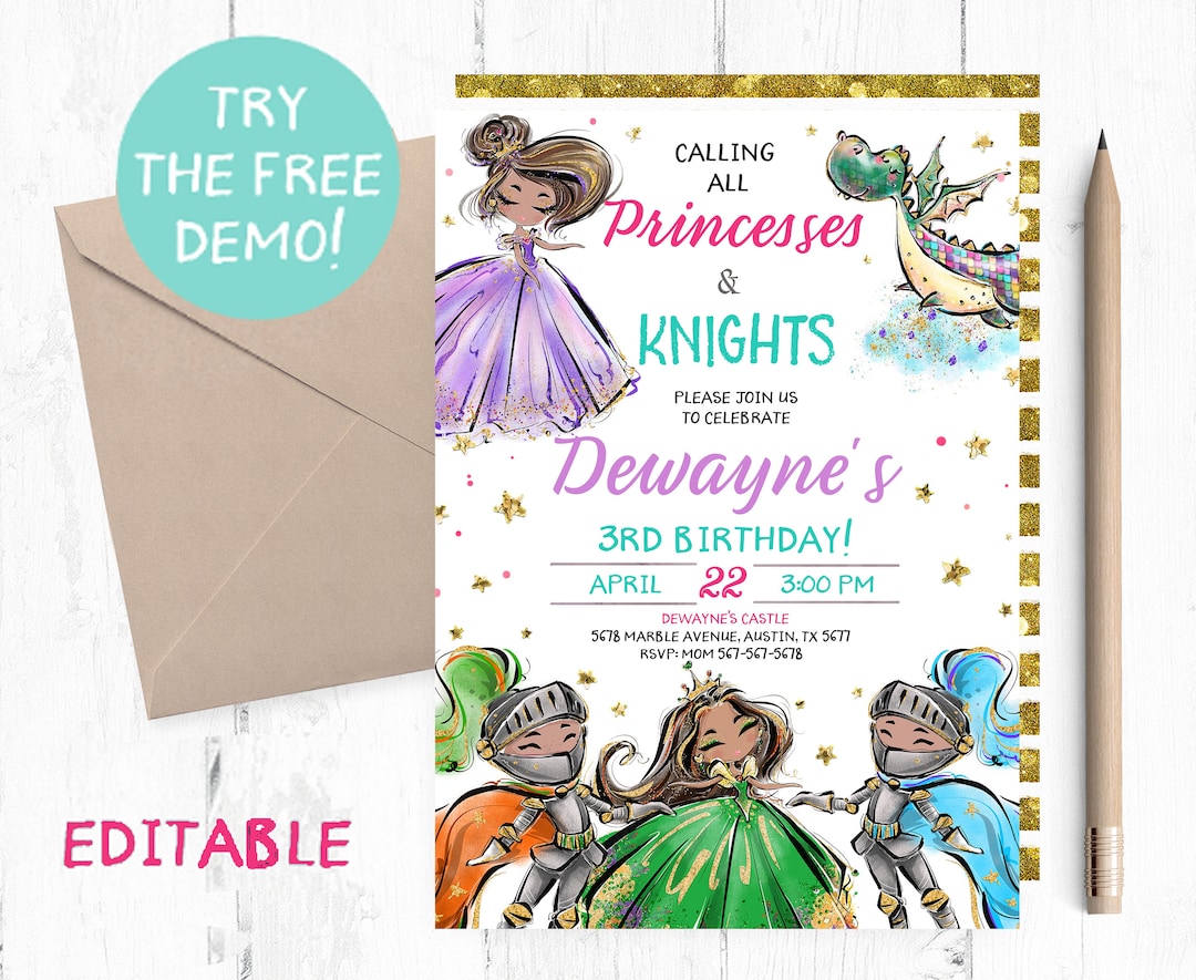 Editable Black Princesses and Knights Invitation, Princesses and ...
