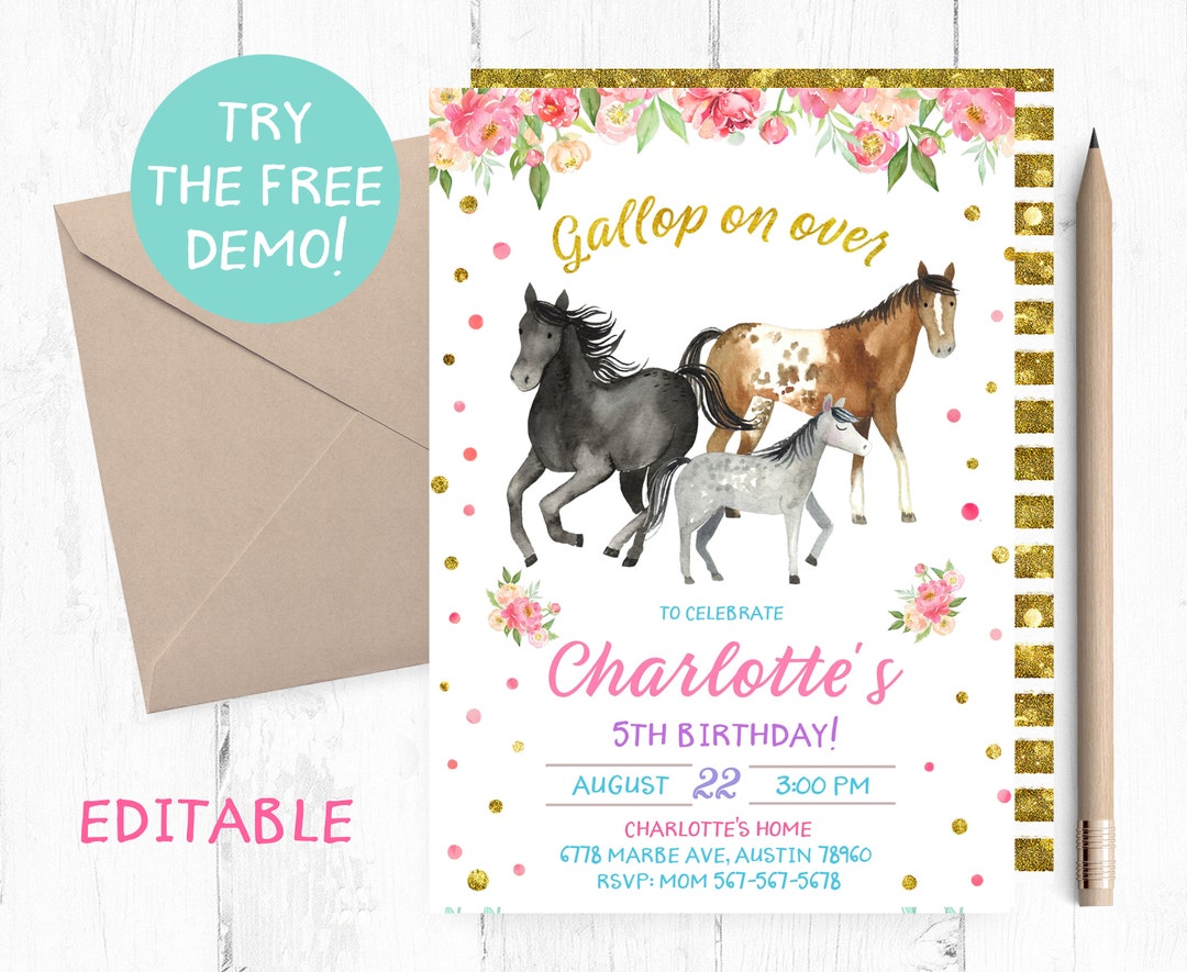 Horse Birthday Party Invites, Horse Party Invitation, Horse Party ...