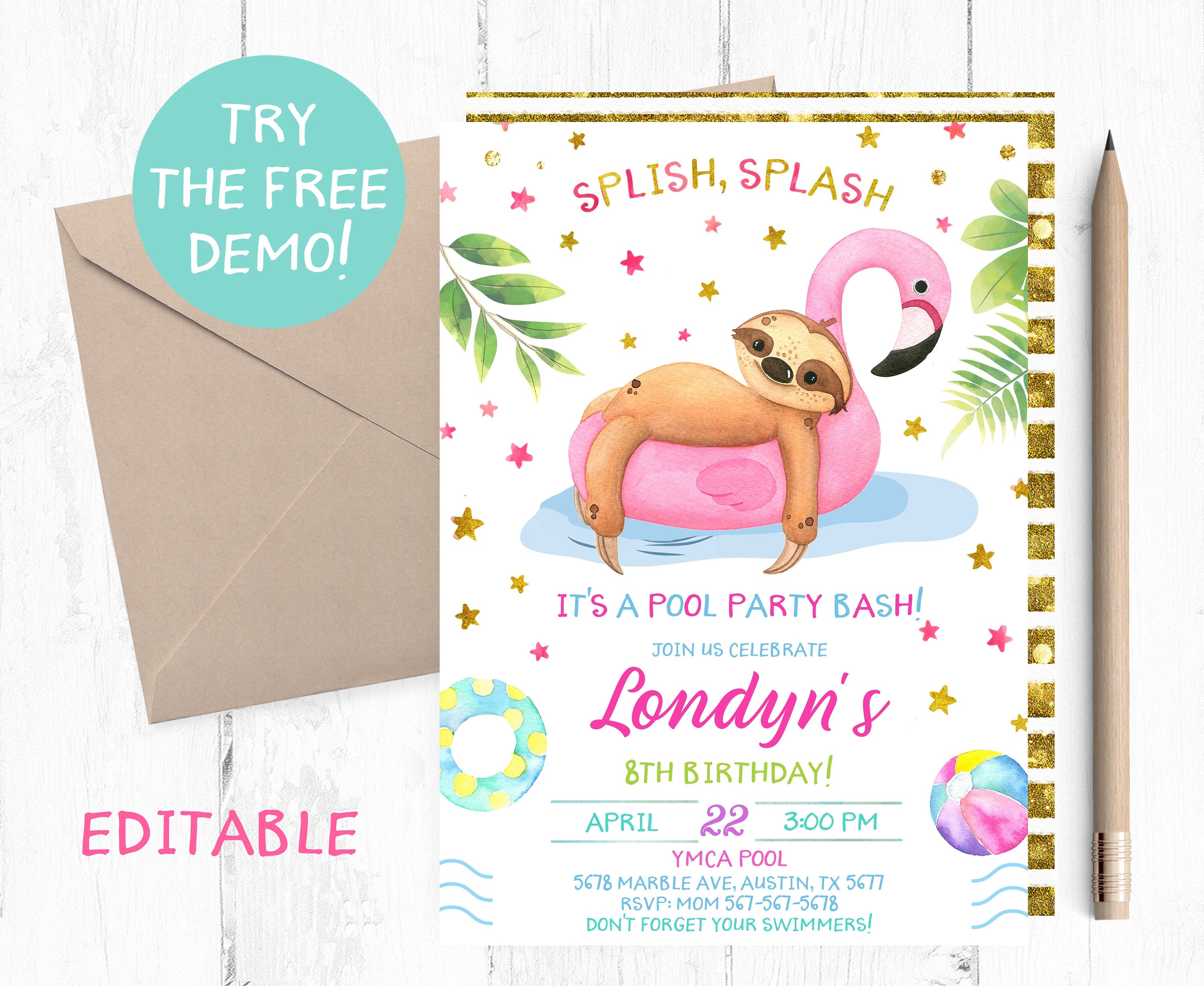 Sloth Pool Party Invitation Sloth Pool Party Bash Sloth Pool - Etsy Canada