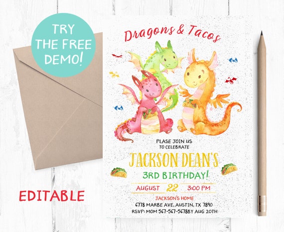Dragons Love Tacos Invitation Dragons Love Tacos Birthday | Etsy