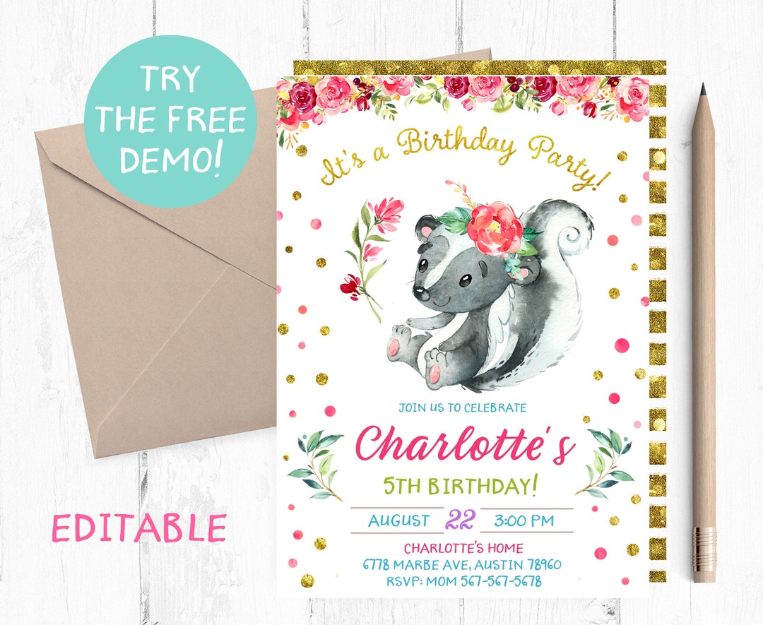 Little Skunk Birthday Party Invitations, American Animals Birthday ...