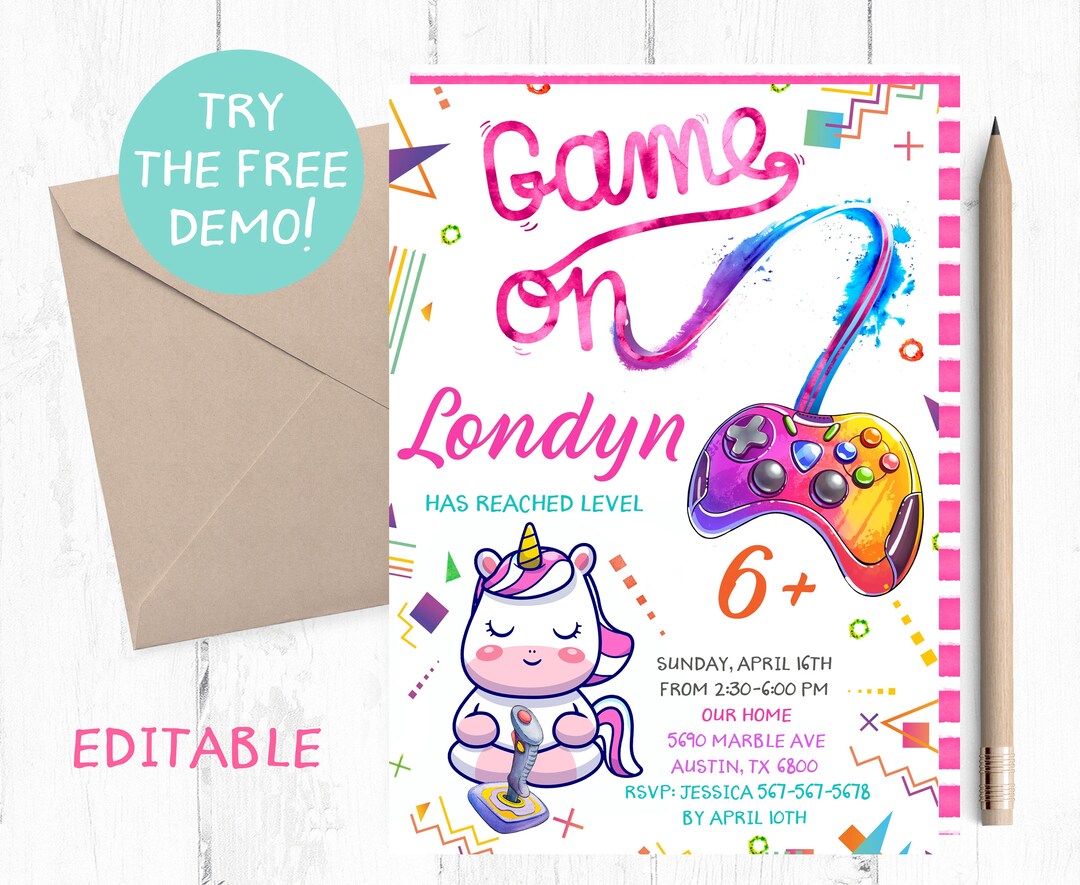 Editable Gaming Unicorn Invitation, Unicorn Video Game Invitation, Girl ...