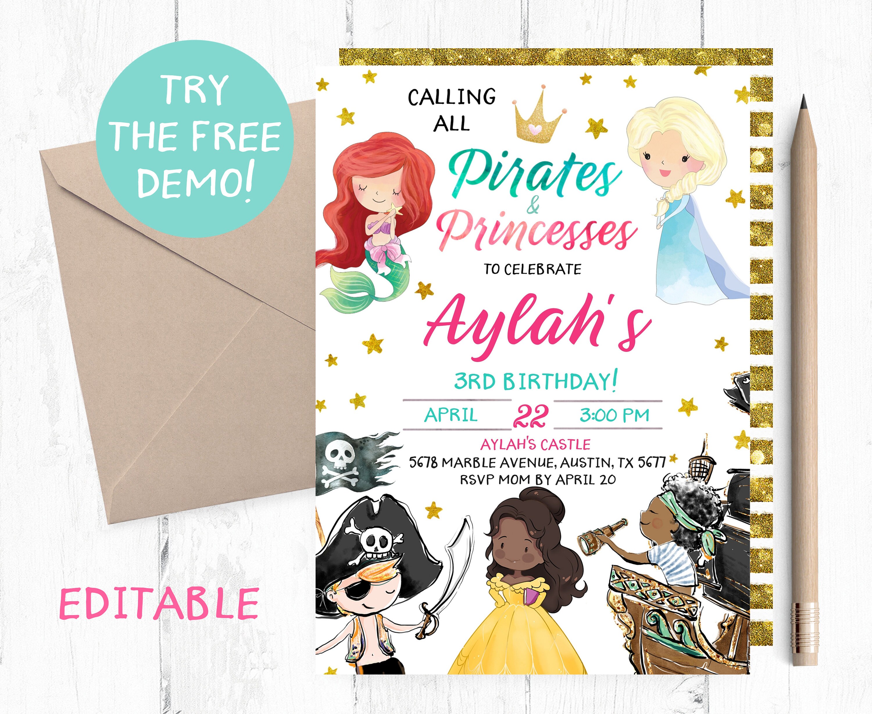 Princesses and Pirates Invitation, Pirates and Princesses Editable ...