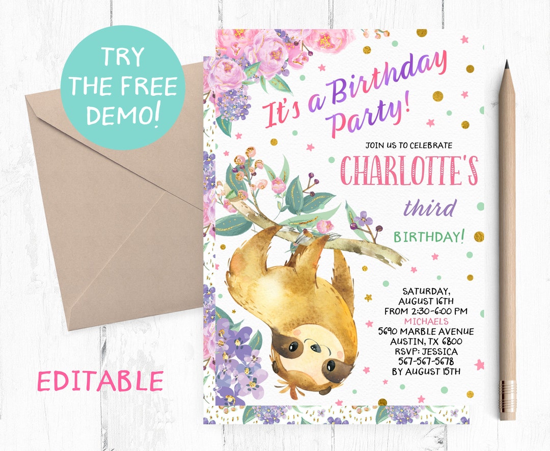 Editable Cute Sloth Invitation, Sloth Birthday Party Invitation, Girl ...