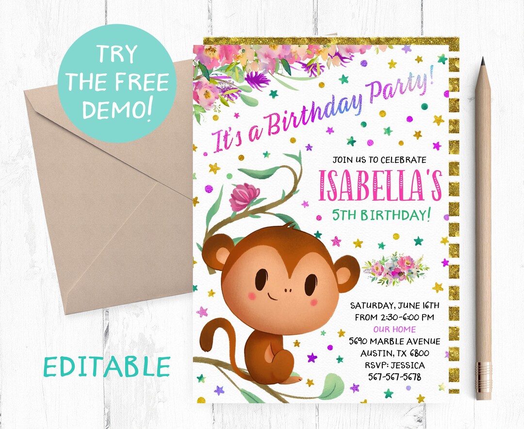 Editable Monkey Invitation Girl, Monkey Editable Template, Cute Monkey ...
