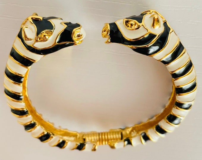 Vintage KJL Kenneth Jay Lane Zebra Horse White Black Enamel Striped ...