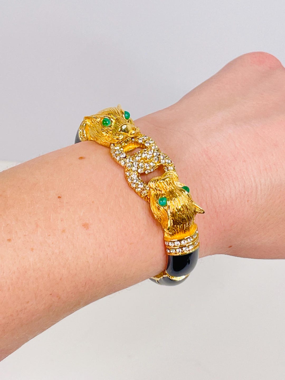 Vintage Ciner Jeweled Leopard Jaguar Panther Lion Head Hinged Bracelet ...