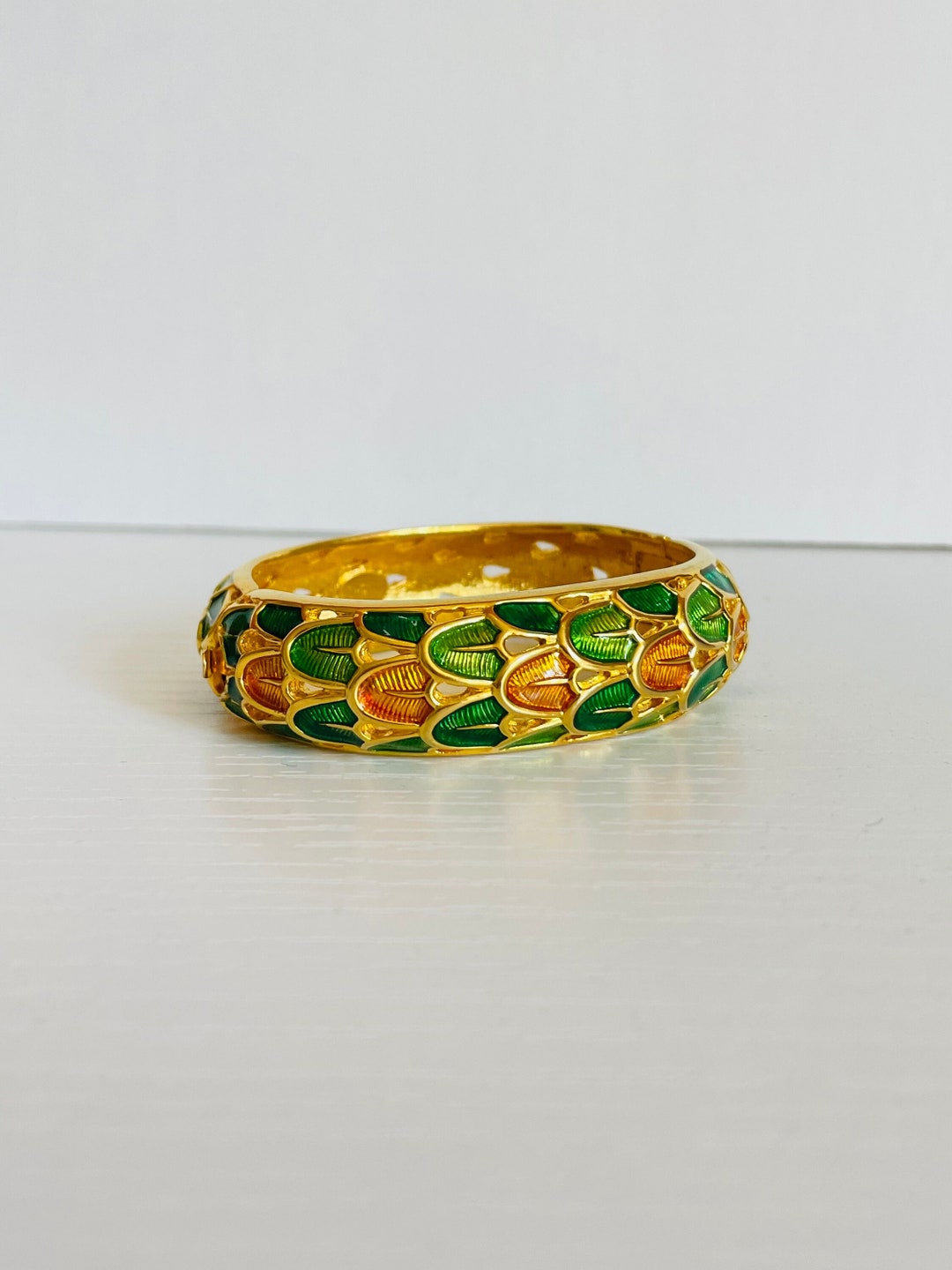 Vintage Joan Rivers Gold Tone Light Dark Green Yellow Enamel Hinge ...