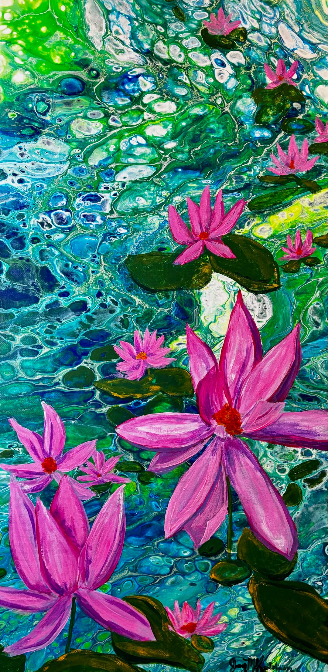 Original Lotus Flower Painting, Water Lily Art, Floral Embellished Pour ...