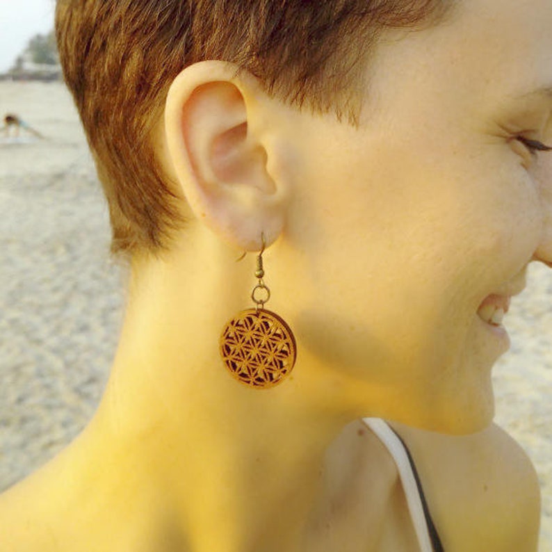 Wooden Earrings Flower Of Life 7 Circle Sacred Geometry Yoga Jewellery