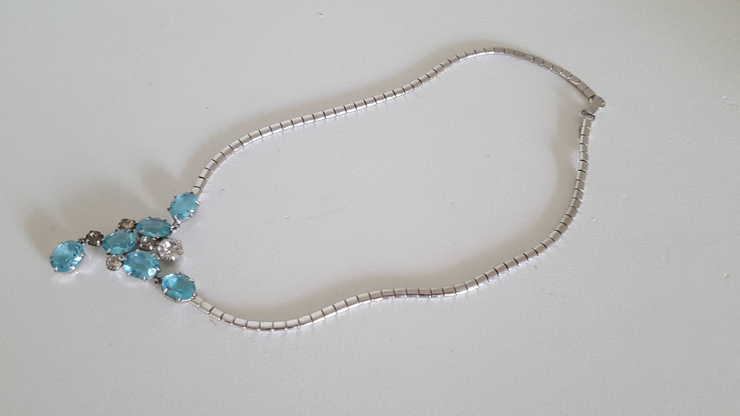 Blue Rhinestone Necklace/silver Rhinestone Necklace/designer Vintage ...