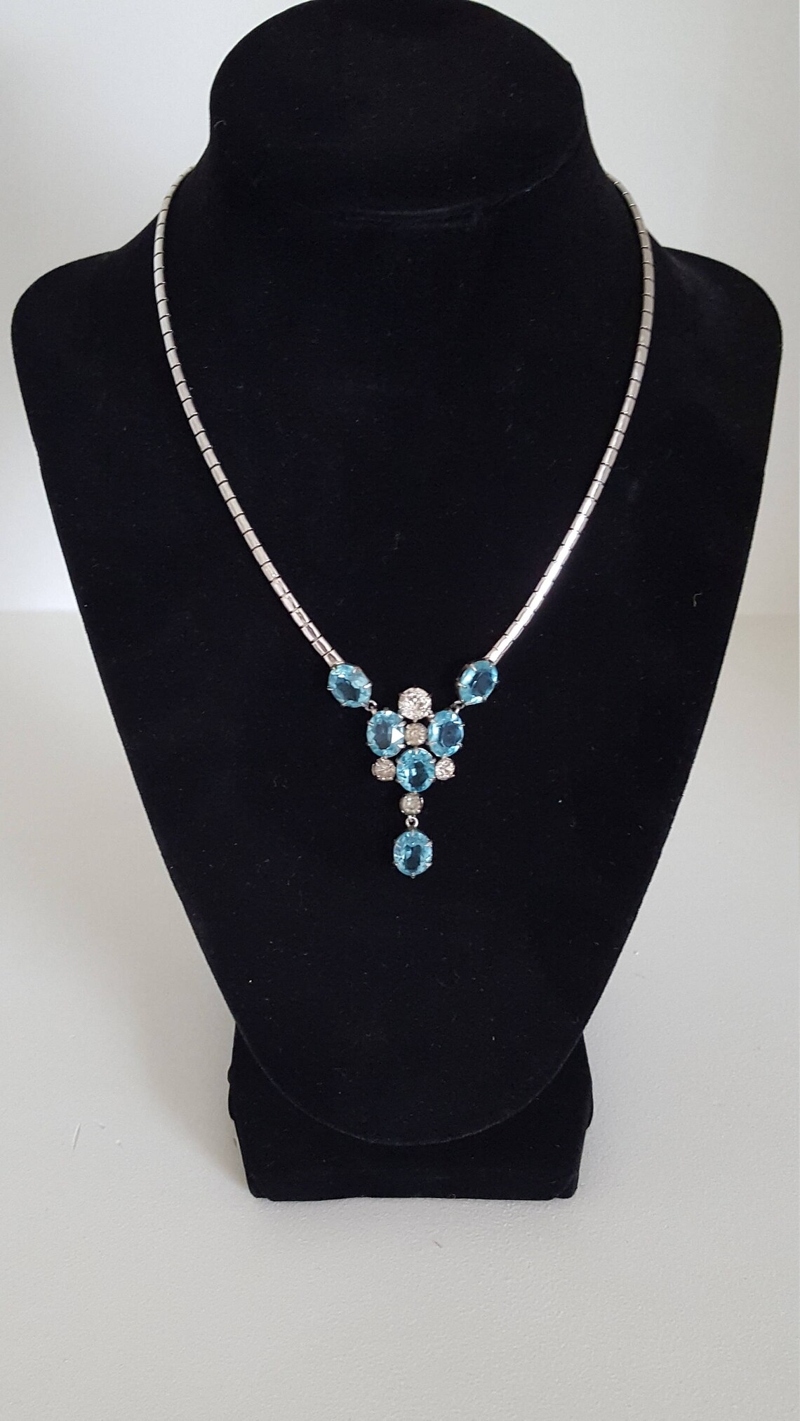 Blue Rhinestone Necklace/silver Rhinestone Necklace/designer Vintage ...