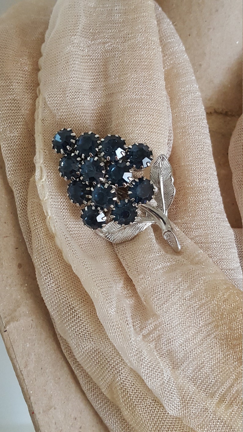 Vintage Deep Blue Rhinestone Brooch, Navy Flower, Royal Blue Glass ...