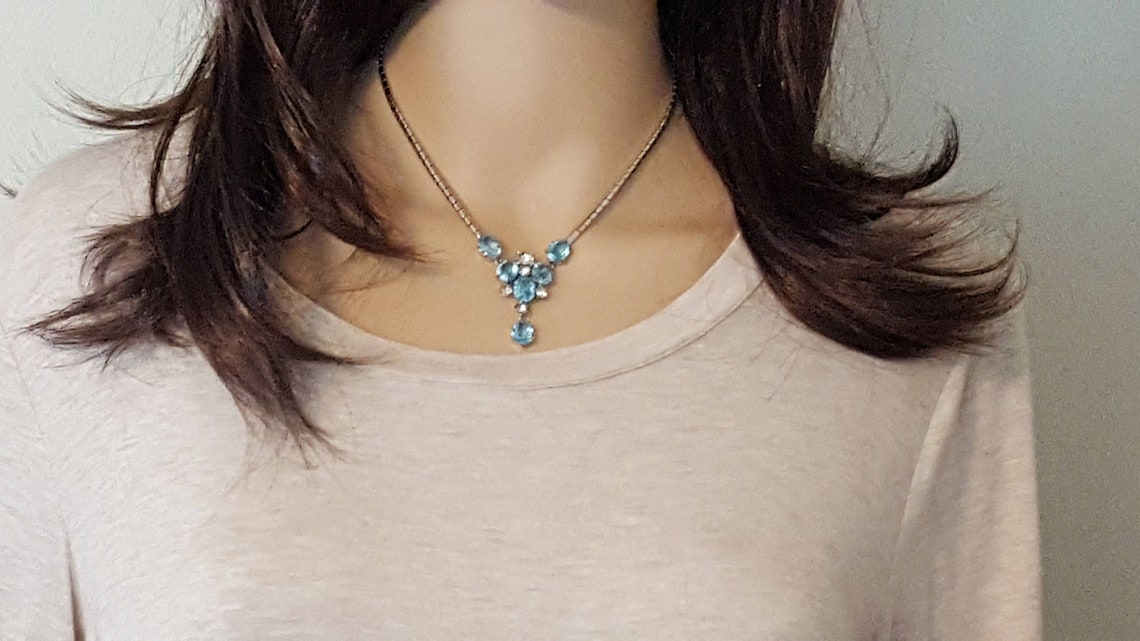 Blue Rhinestone Necklace/silver Rhinestone Necklace/designer Vintage ...