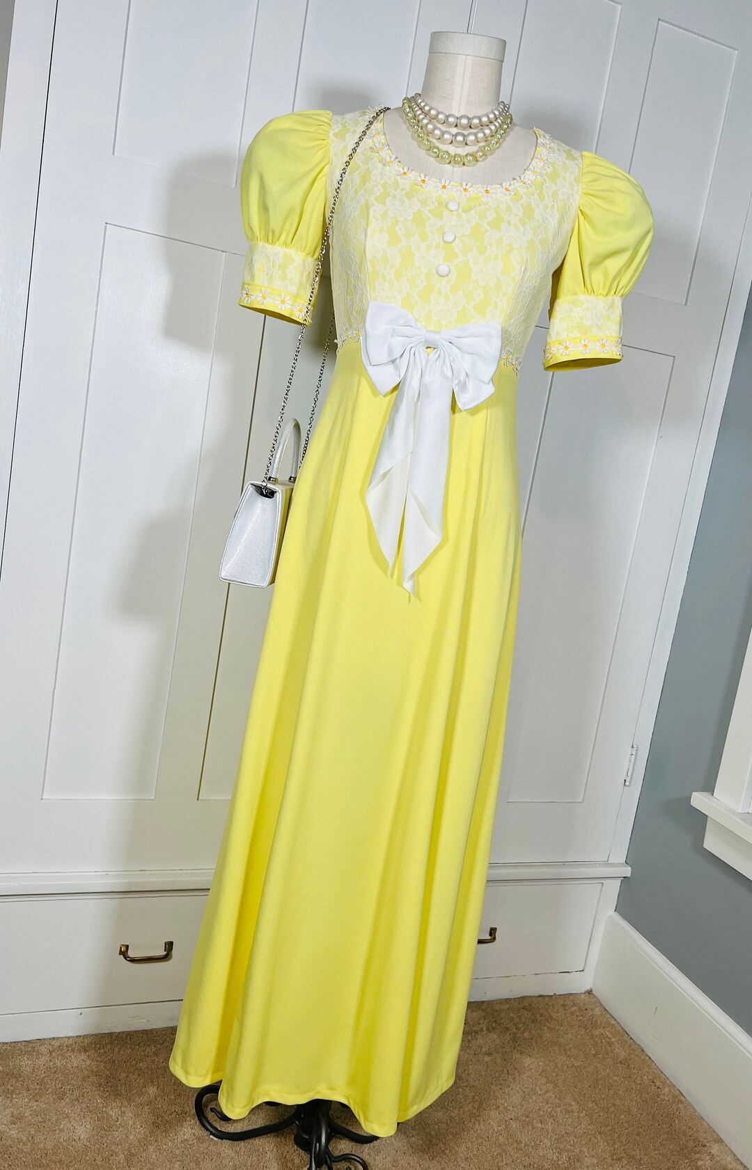 Sunshine Yellow Daisy Chain Floor Length Vintage 1960's Knit Gown Size ...