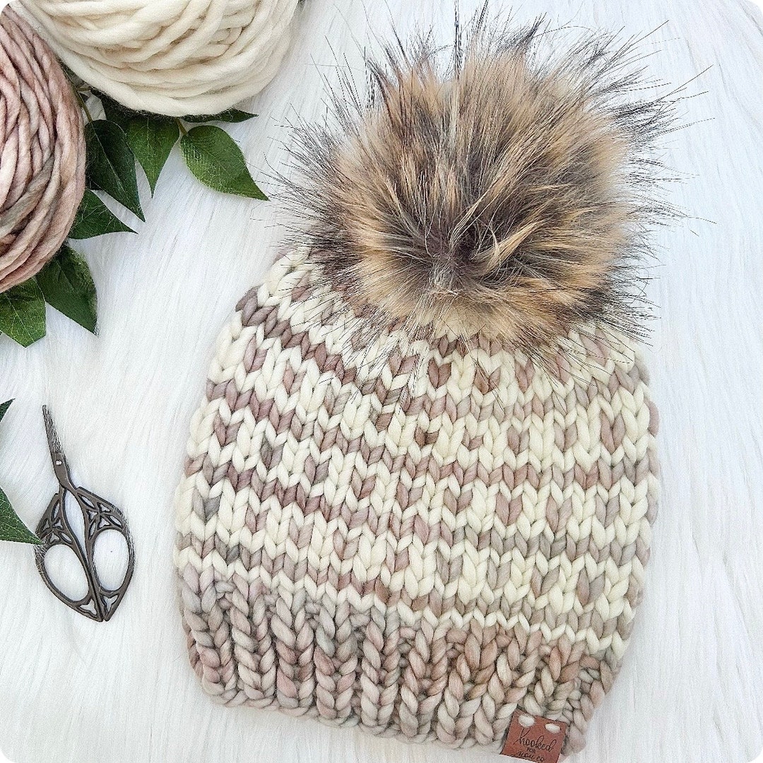 Womens Luxury Fair Isle Beanie Sand With Cream Accents Coyote Faux Fur ...