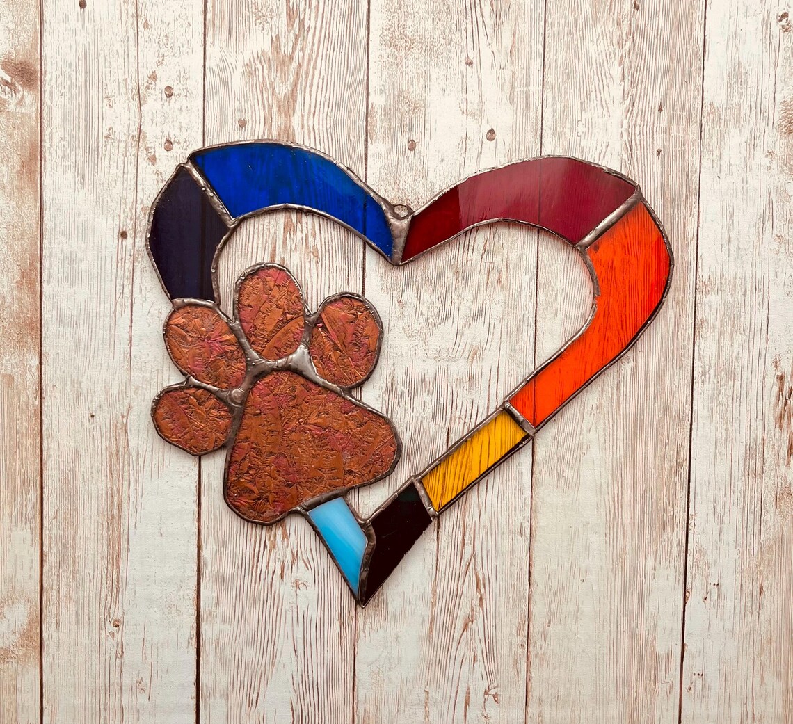 Stained Glass Dog Paw and Rainbow Bridge Heart Suncatcher. - Etsy