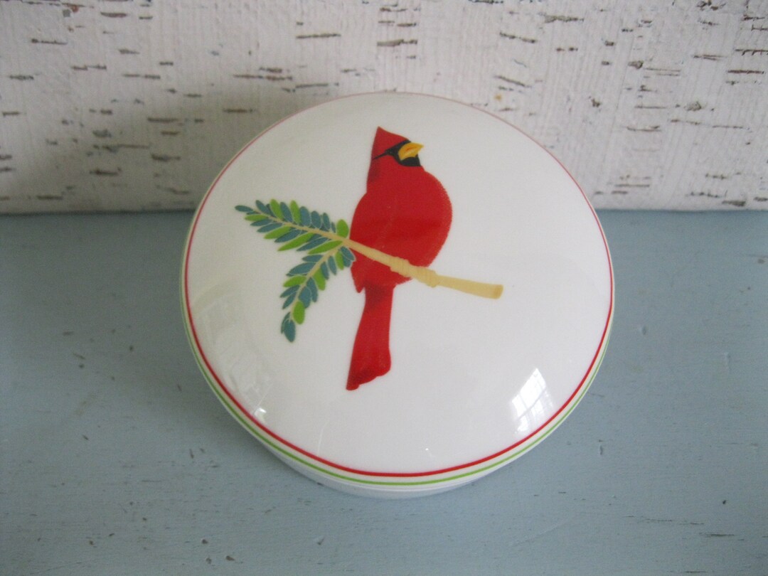 Ceramic Box With Lid / Vintage Round Jewelry Box With Red Cardinal ...