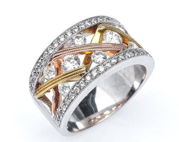 Three Tone Ring, 14K / 18K Gold Diamonds Band, Anniversary Ring ...