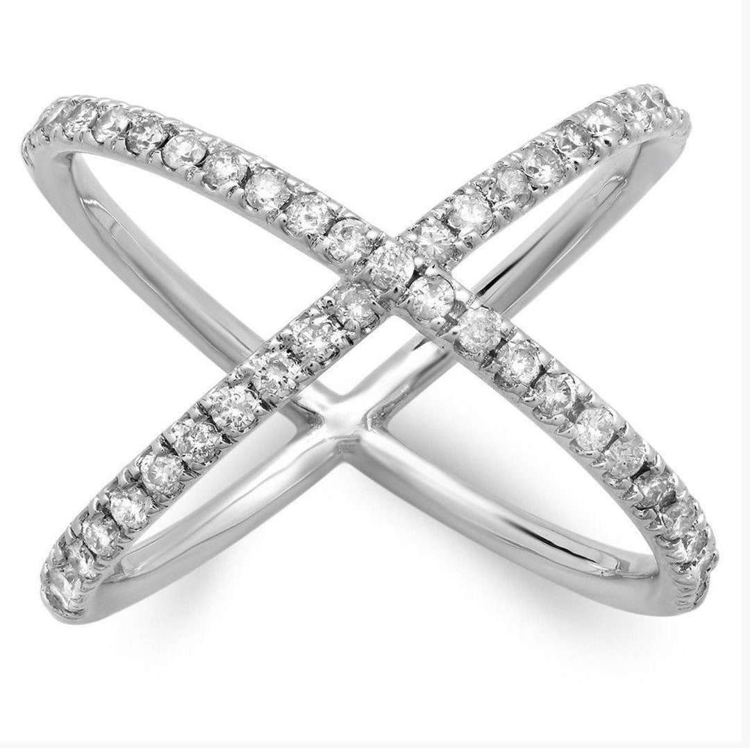X-shaped Diamond Ring in 14k White Gold/unique Diamond Ring/.51ct ...