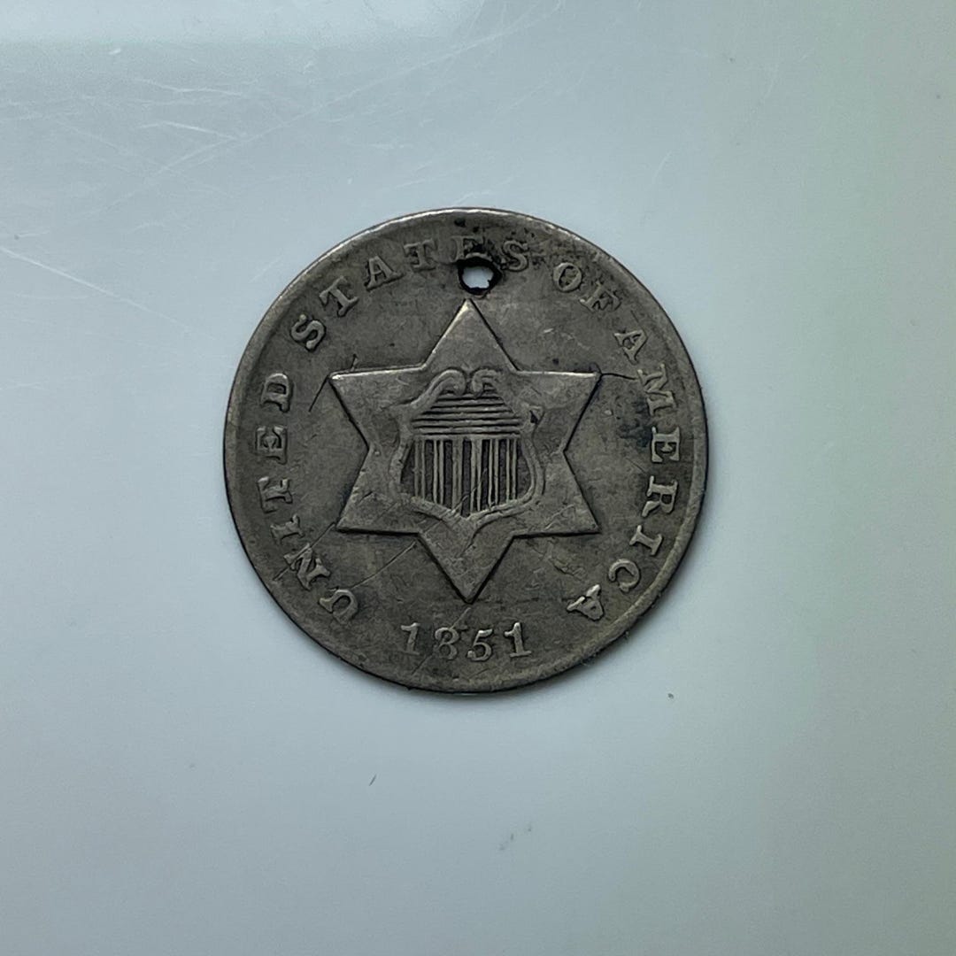 1851-O SILVER 3 Cent Coin GENUINE United States Three Cents Holed ...