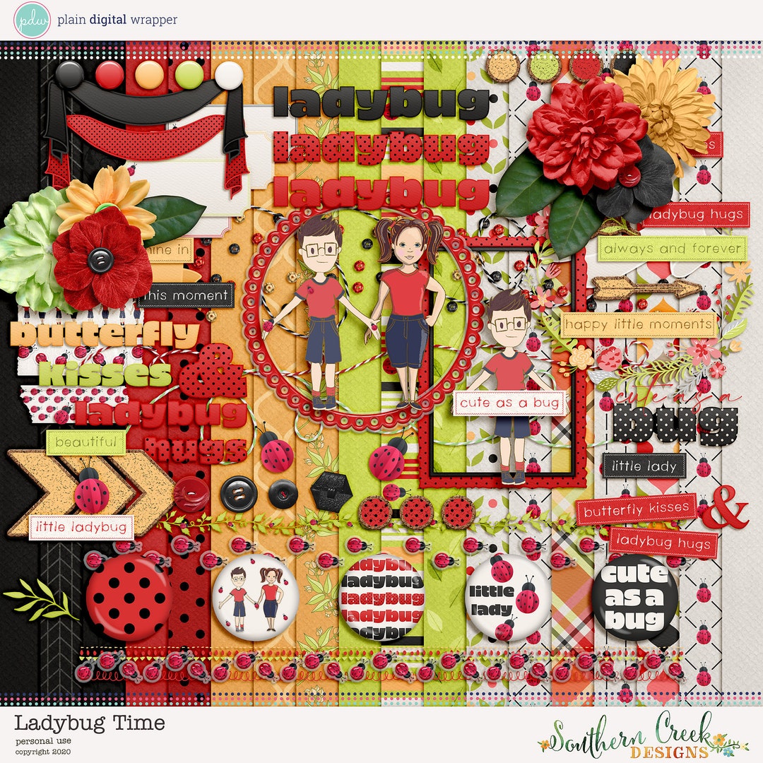 Ladybug Time- Digital Scrapbooking Kit - 18 Paper - 72 Elements - Paper ...