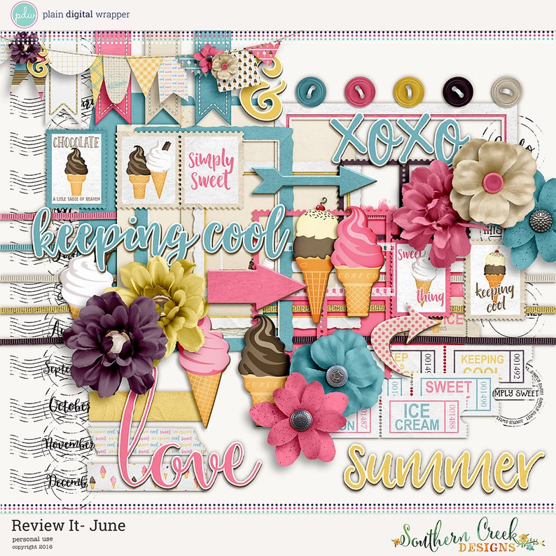 Review It-june- Digital Scrapbooking Kit - 18 Paper - 60 Plus Elements ...