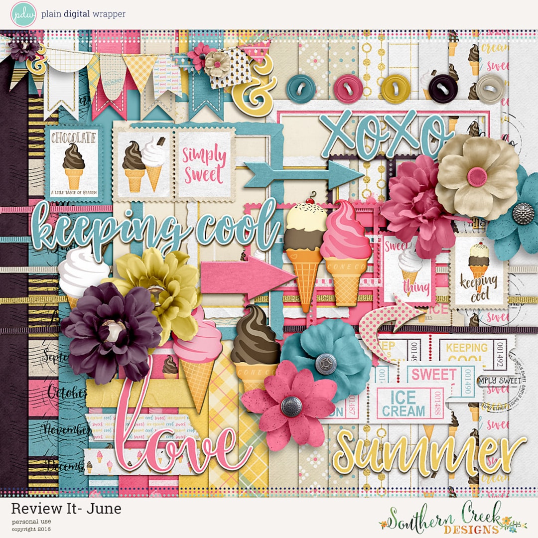 Review It-june- Digital Scrapbooking Kit - 18 Paper - 60 Plus Elements ...